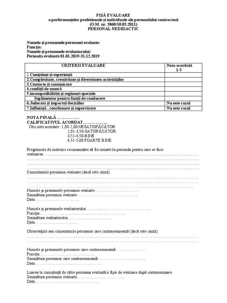 Fisa de Evaluare Personal Nedidactic | PDF