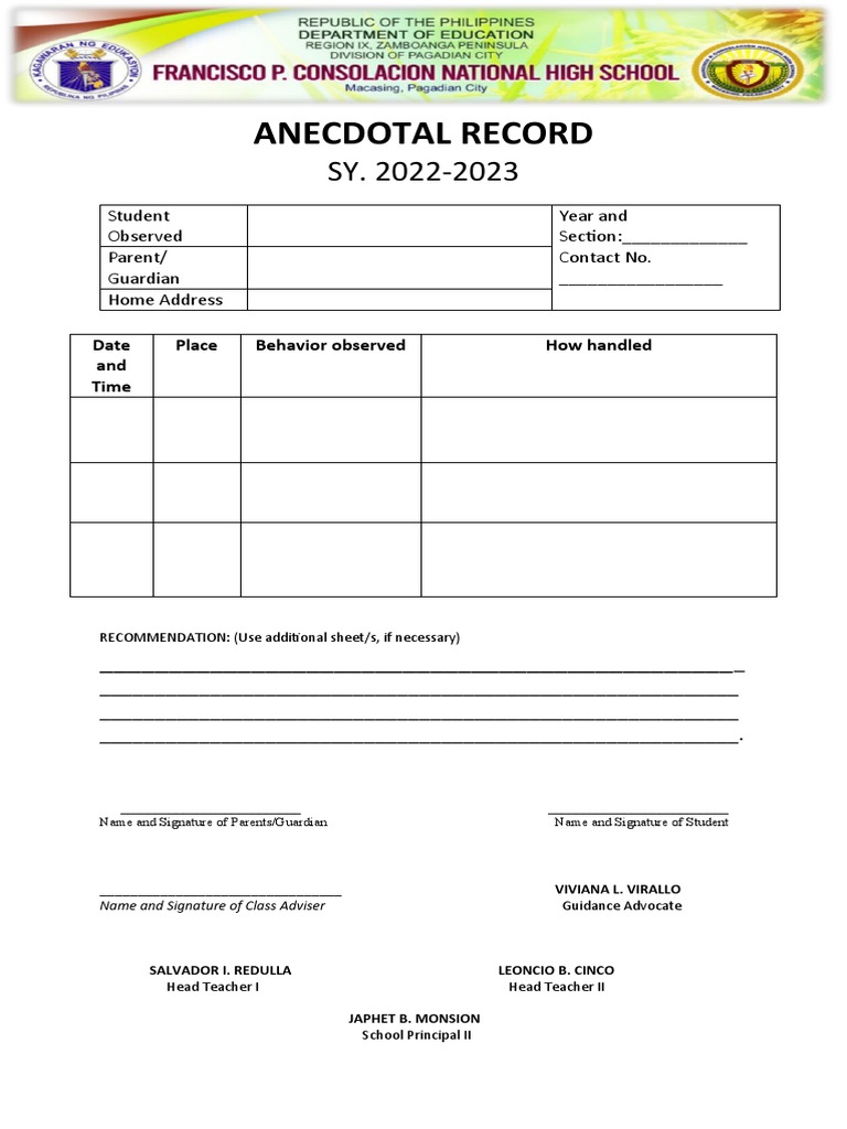 Anecdotal Record Template 2022-2023 | PDF