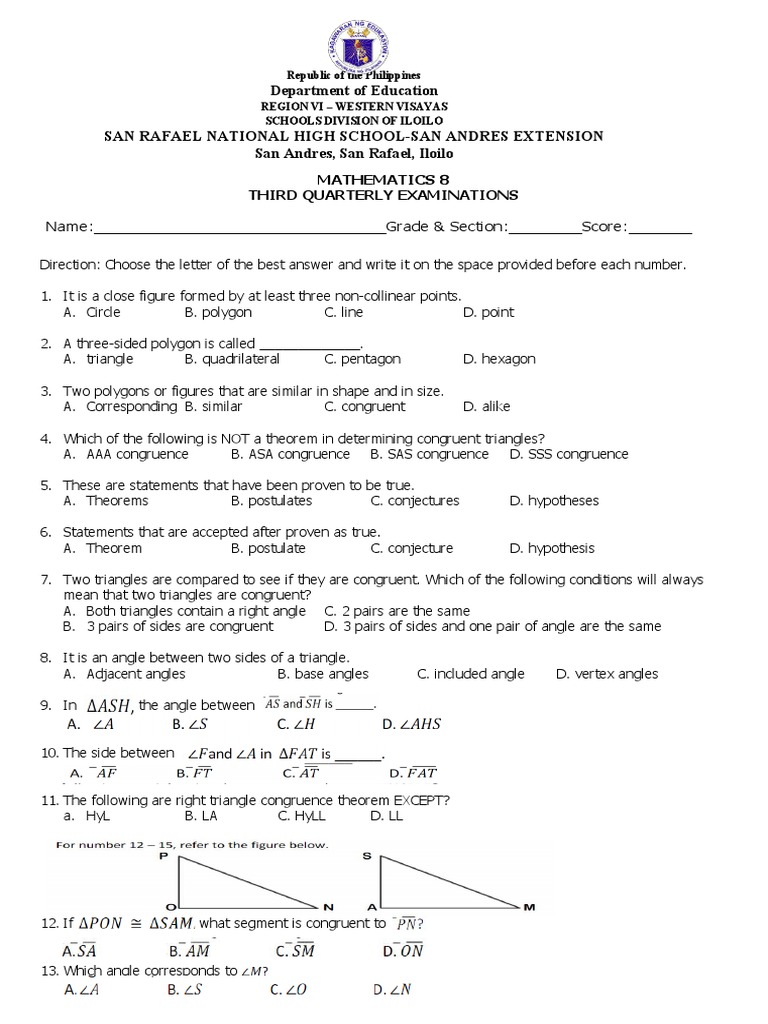 Math 8 3rd Quarter Exam and Answer Key TOS | PDF