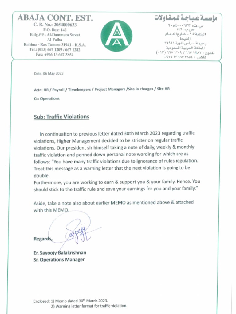 Traffic Violation Letter 06MAY23 PDF | PDF