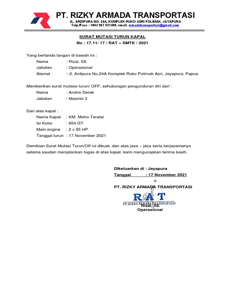 SURAT MUTASI OFF Kru Kapal KM Metro Teratai PDF | PDF