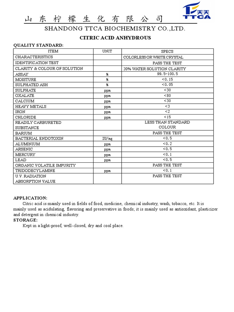 COA Asam Sitrat TTCA | PDF