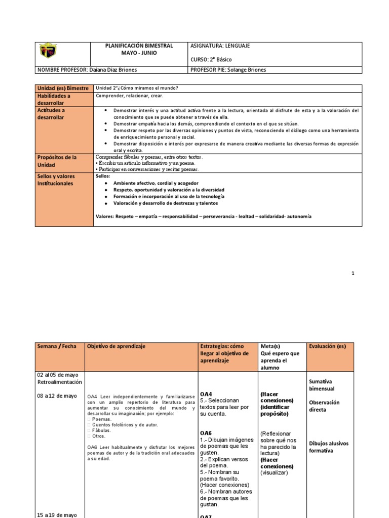 Planificacion Lenguaje 2° | PDF