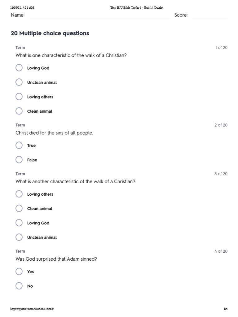 Test - BJU Bible Truths 6 - Unit 1 - Quizlet | PDF