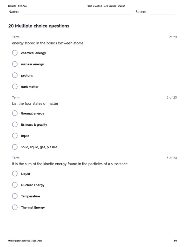 Test - Chapter 2 - BJU Science - Quizlet | PDF | Matter | Atoms