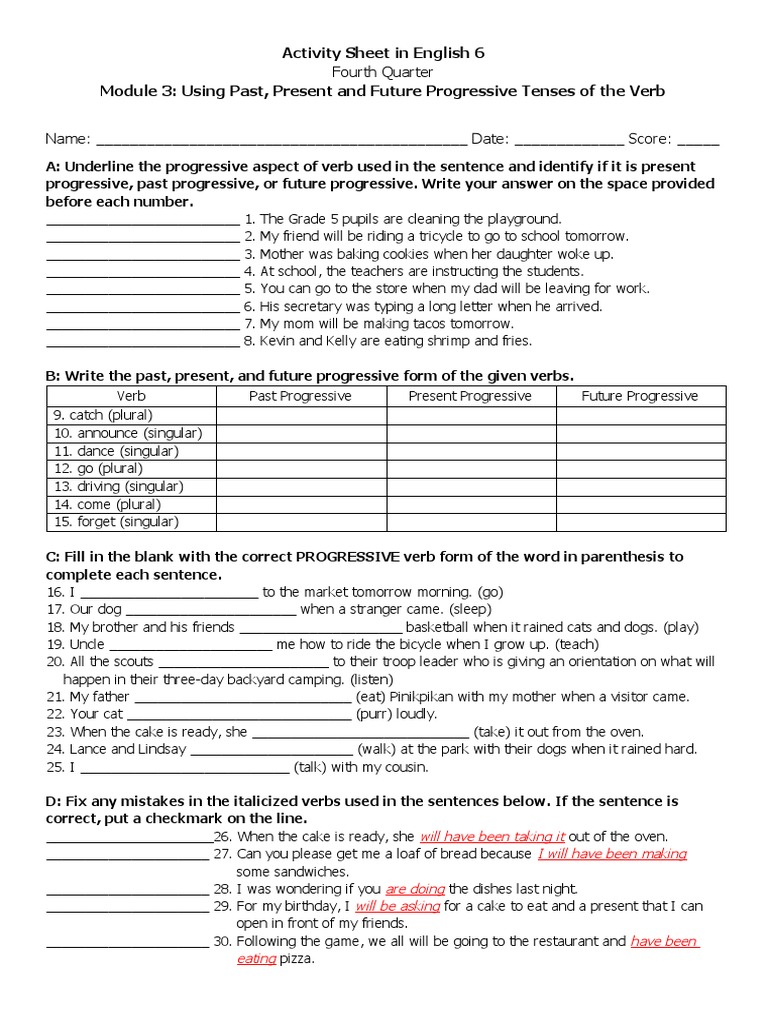 Activity Sheet in English 6-Q4-Progressive Tenses of Verbs | PDF