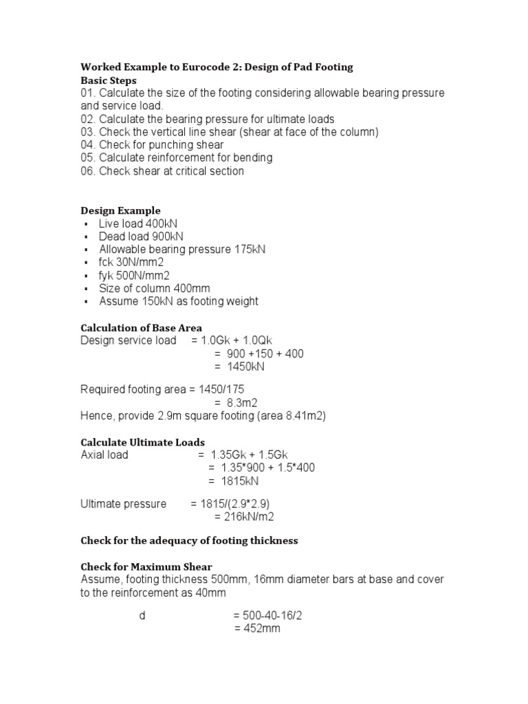 Design of Pad Footing - Worked Example To Eurocode 2 | PDF | Bending | Beam (Structure)