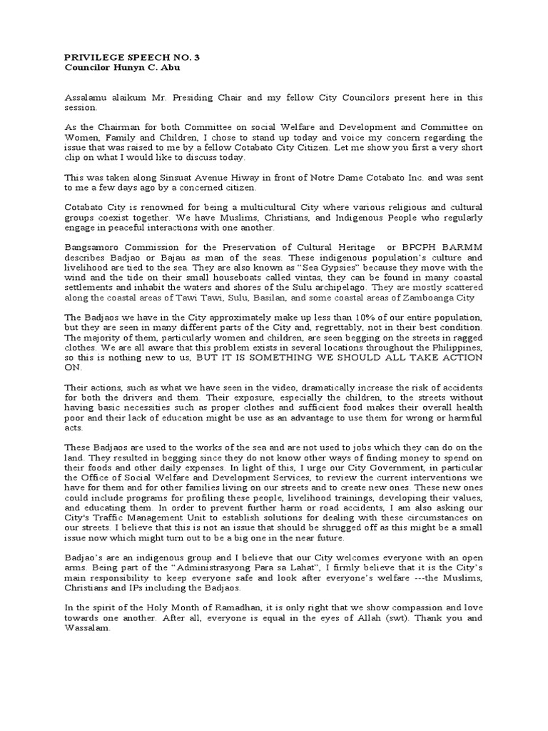 Privilege Speech On Badjaos | PDF