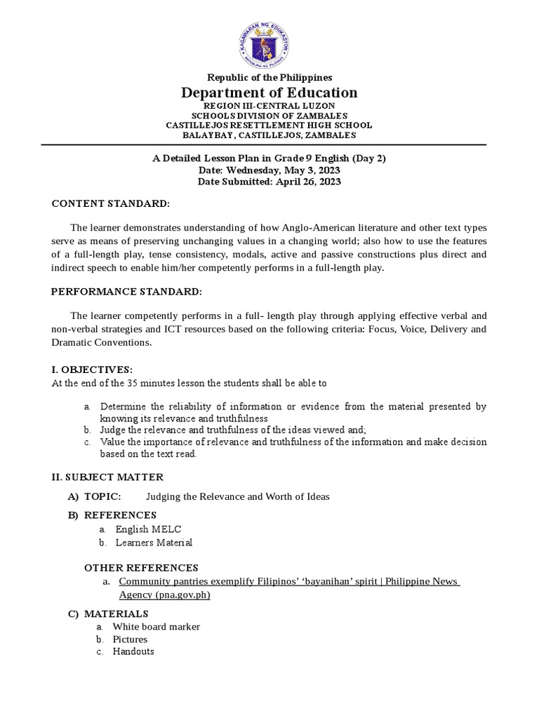 Q4 English 9 Week 1 Day 2 | PDF | Primary Sources | Relevance