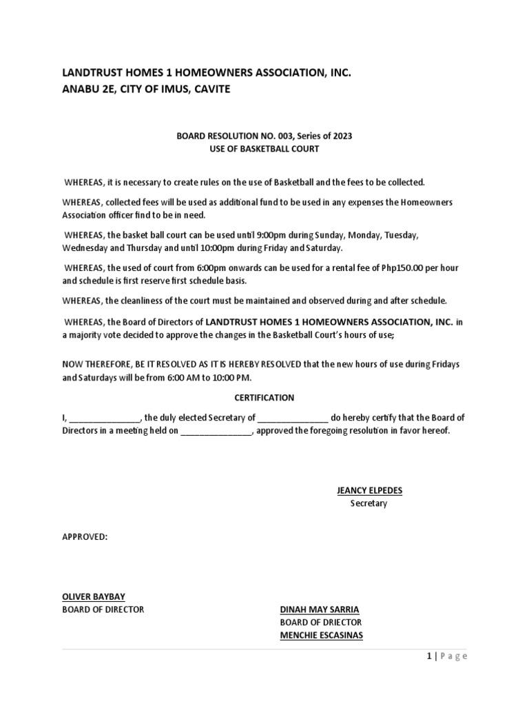 LHOA BOARD RESOLUTION NO. 003, Series of 2023.docx | PDF