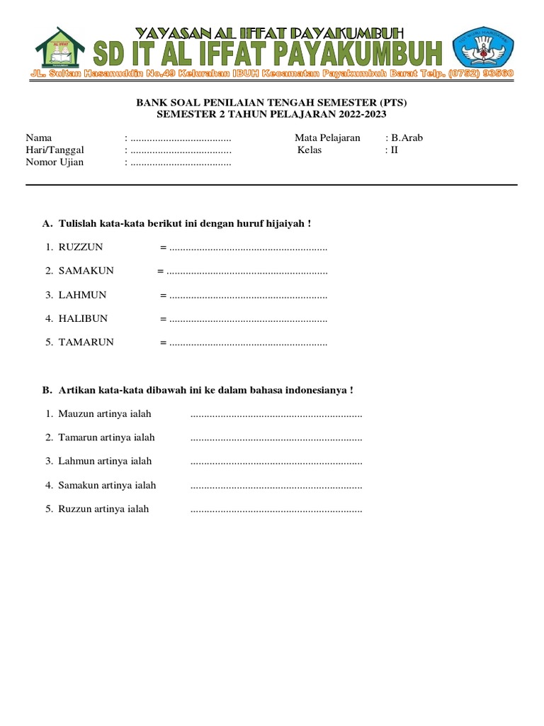 Bank Soal PTS Bahasa Arab Kelas 2 Semester 2 | PDF