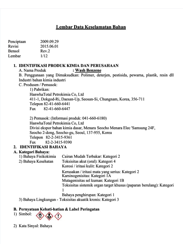 PDF Msds Bensol Wash Bensin - Compress | PDF