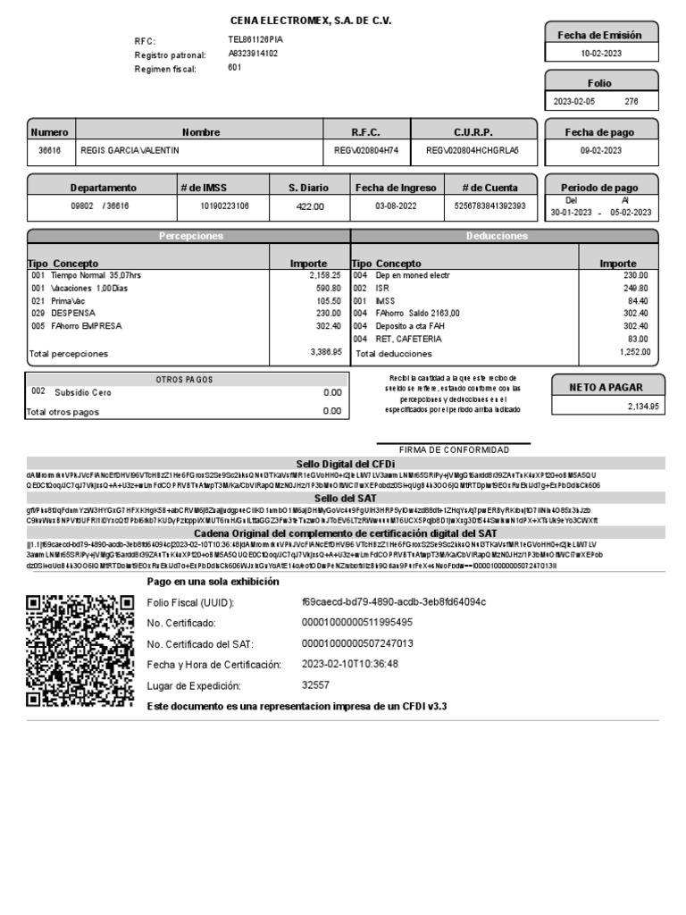 Percepciones Deducciones: RFC: Registro Patronal: Regimen Fiscal | PDF