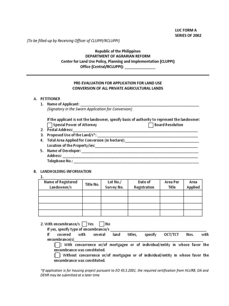 DAR - LUC FORM A - Pre-Eval Application For Land Use Conversion (As of ...