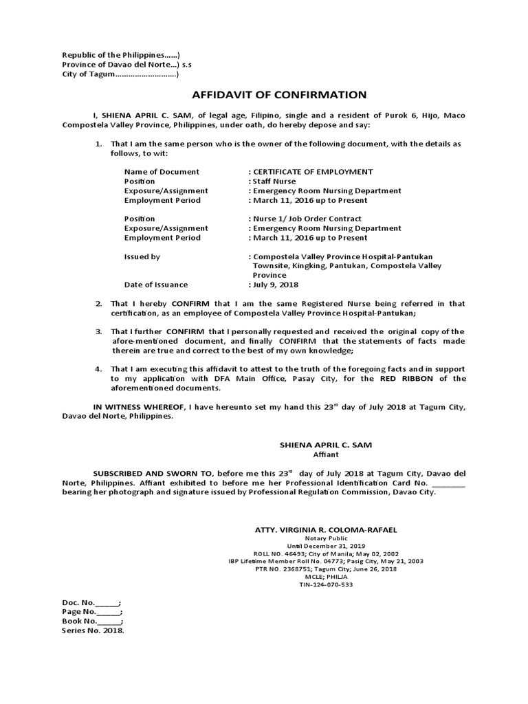 AFFIDAVIT OF CONFIRMATION Sam | PDF | Affidavit | Legal Documents
