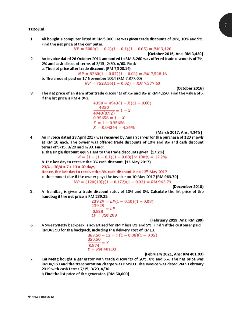 Tutorial7 AS PDF | PDF | Discounting | List Price