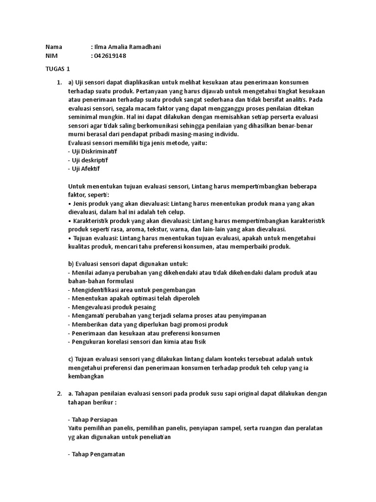 Tugas 1 Evaluasi Sensori - 042619148 - Ilma | PDF