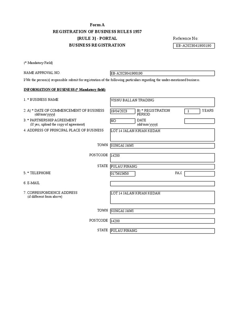 Form A Registration of Business Rules 1957 (Rule 3) - Portal Business ...