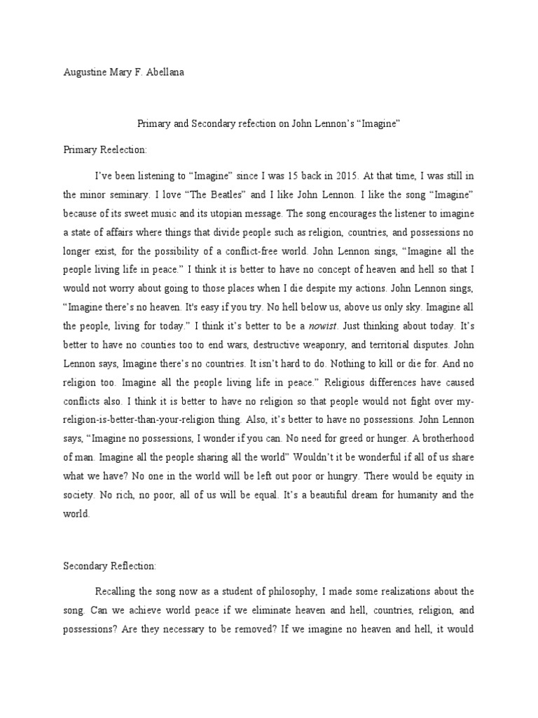 Primary and Secondary Reflection On Imagine | PDF | God | Hell