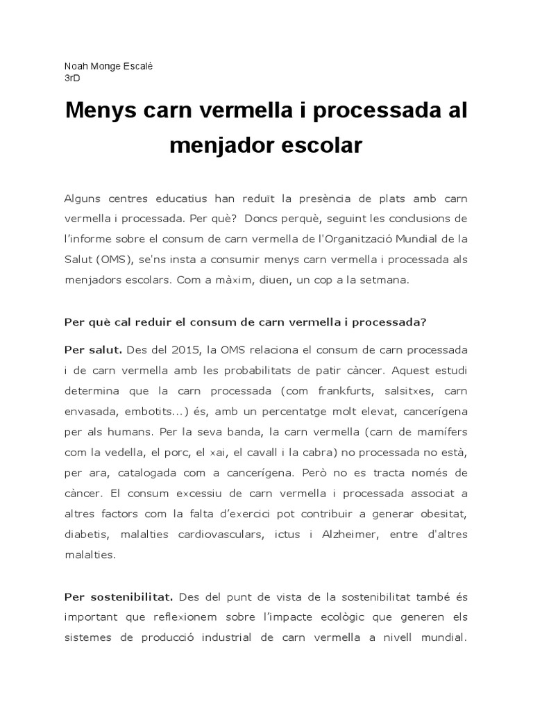 Menys Carn Vermella I Processada Al Menjador Escolar PDF | PDF