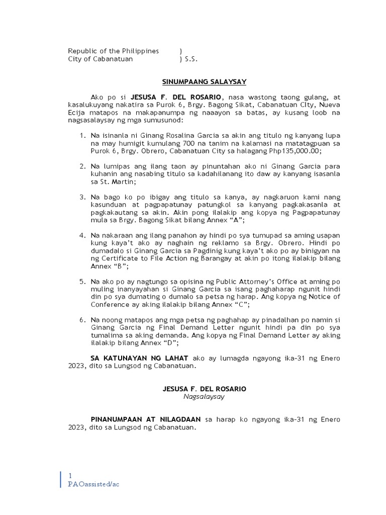 Sinumpaang Salaysay-Small Claims-Del Rosario, Jesusa | PDF