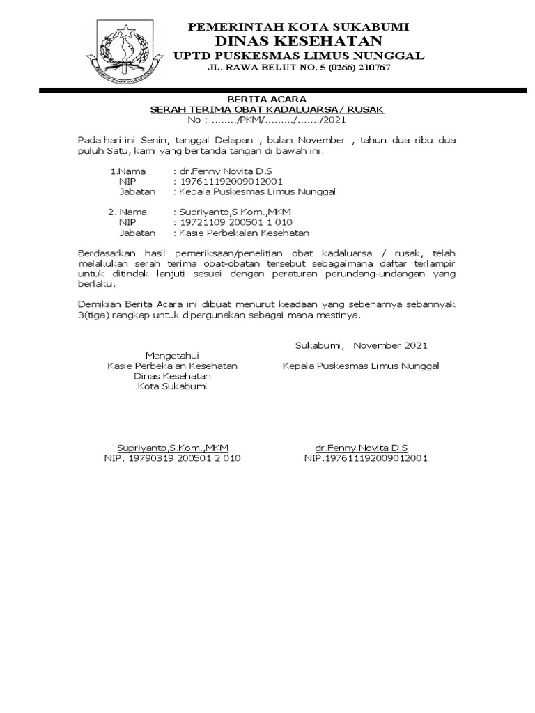 BERITA ACARA obat exp date bulan november 2021 | PDF