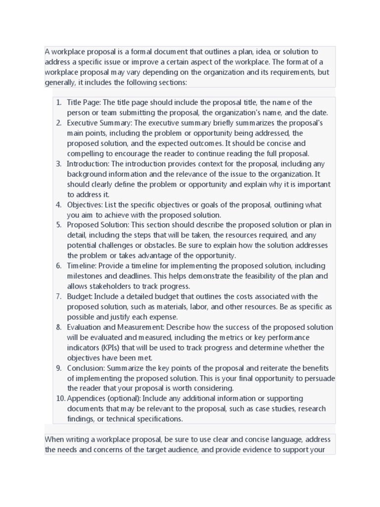 A workplace proposal is a formal document that outlines a plan | PDF