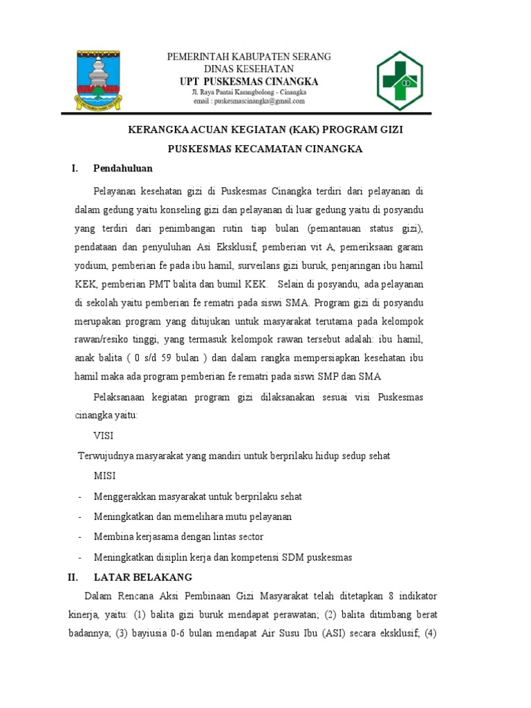 Kerangka Acuan Kegiatan Program Gizi 2023 | PDF