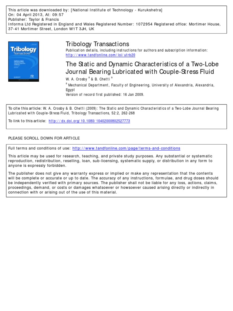 The Static and Dynamic Characteristics of A Two-Lobe PDF | PDF | Fluid ...