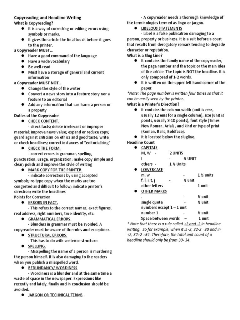 Copyreading and Headline Writing Guide | PDF