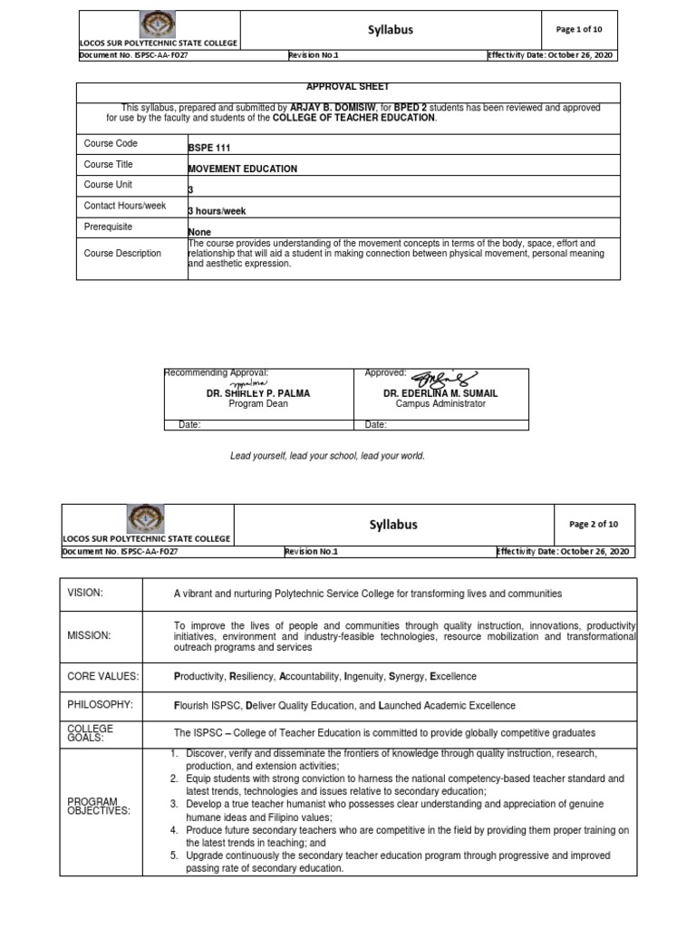 Movement Education Syllabus Overview | PDF
