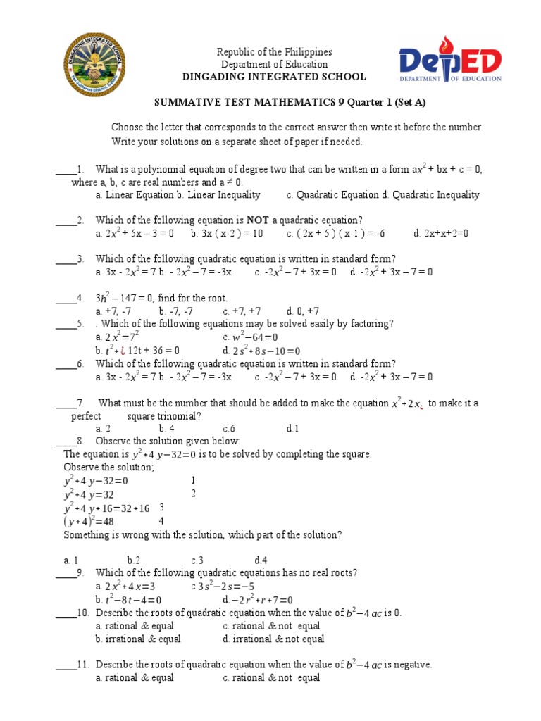 Math 9 Q1 Set A 2021 | PDF