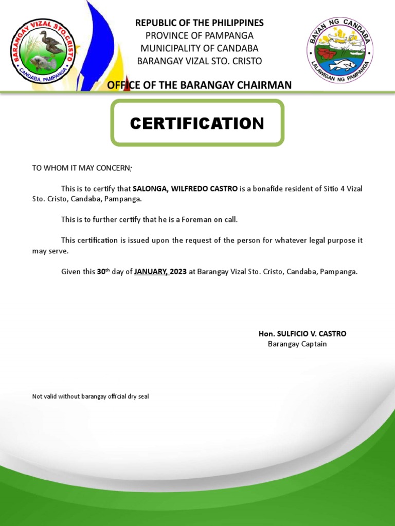 Barangay Employment Certification Sample | PDF