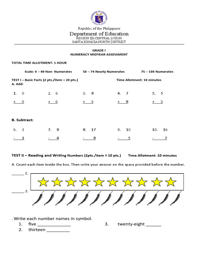 Grade 1 NUMERACY MIDYEAR ASSESSMENT | PDF | Mathematics