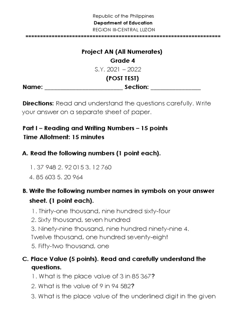 Grade 4 Math Post Test Questions | PDF