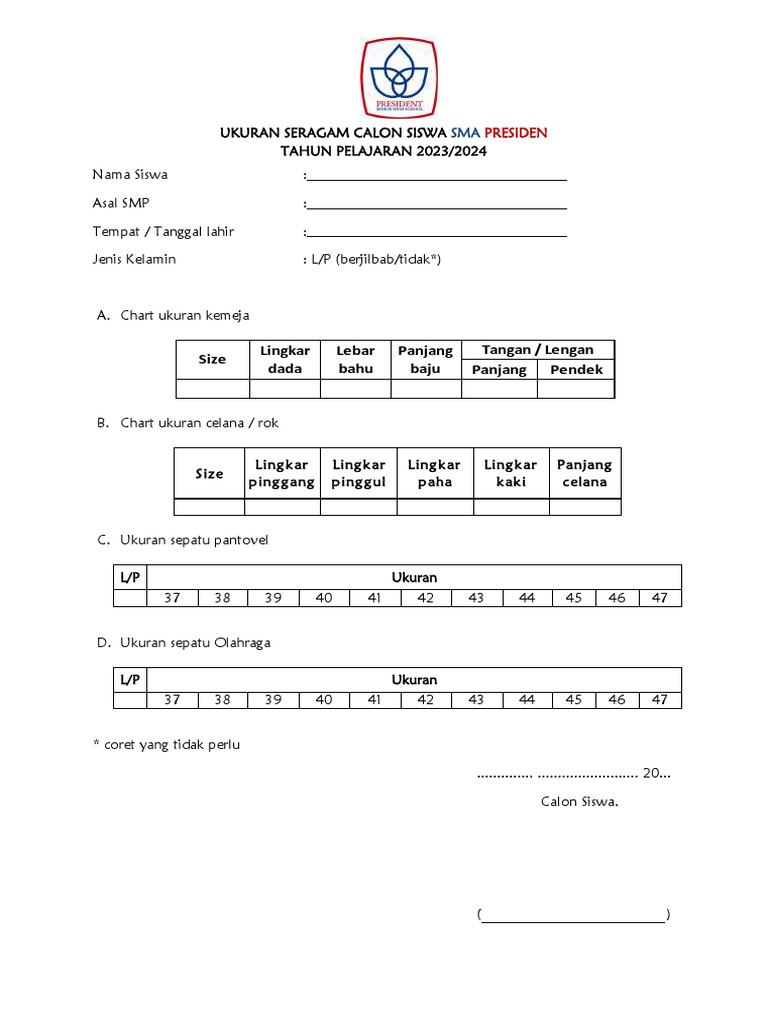 15 Form Cart Ukuran Seragam Siswa (Sarpras) 23-24 | PDF