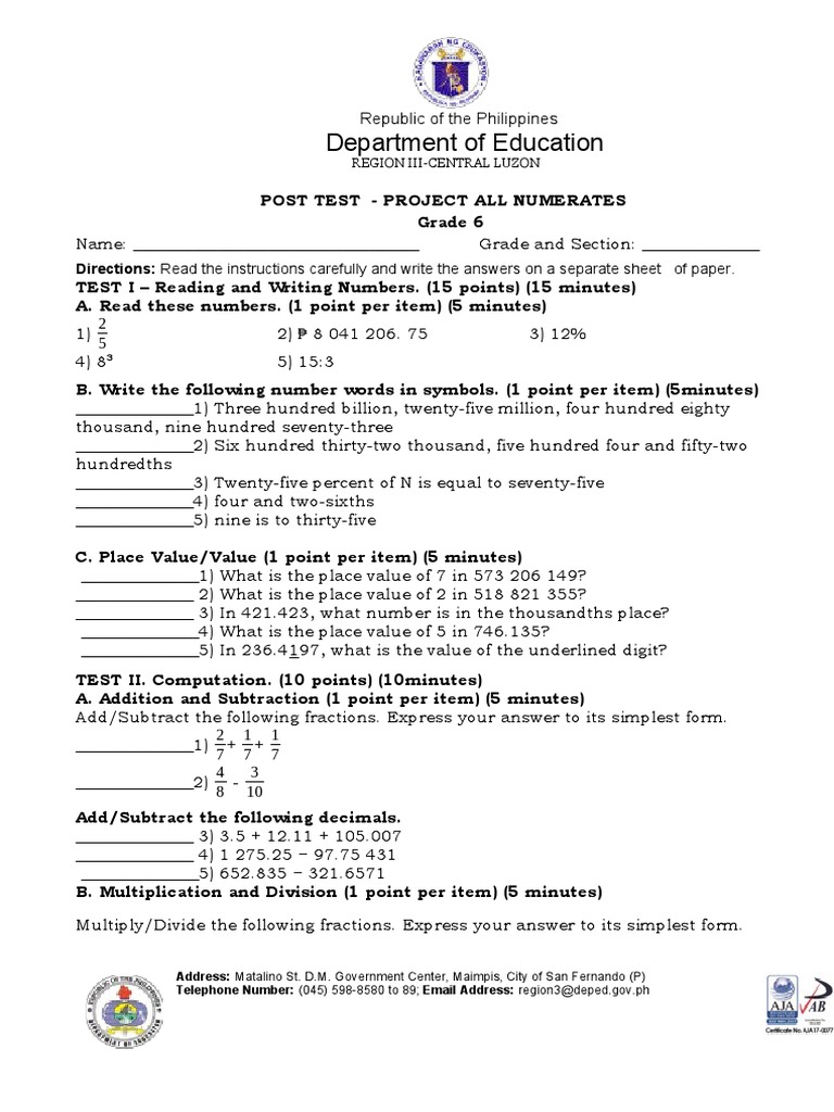 Grade 6 Mathematics Post Test | PDF