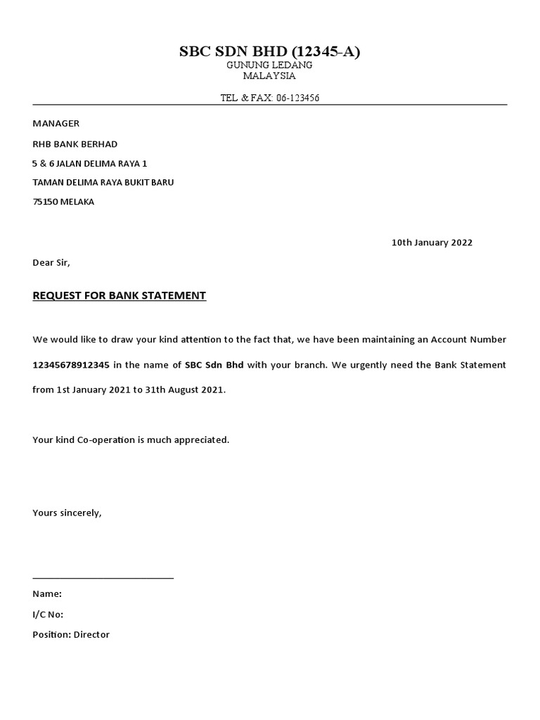 REQUEST BANK STMT - LETTER (Sample) | PDF