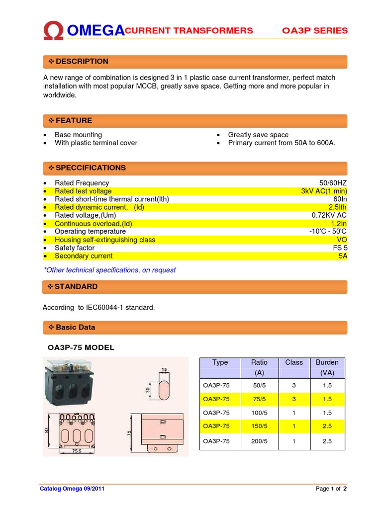 Omega Current Transformers Spec Sheet | PDF | Transformer ...