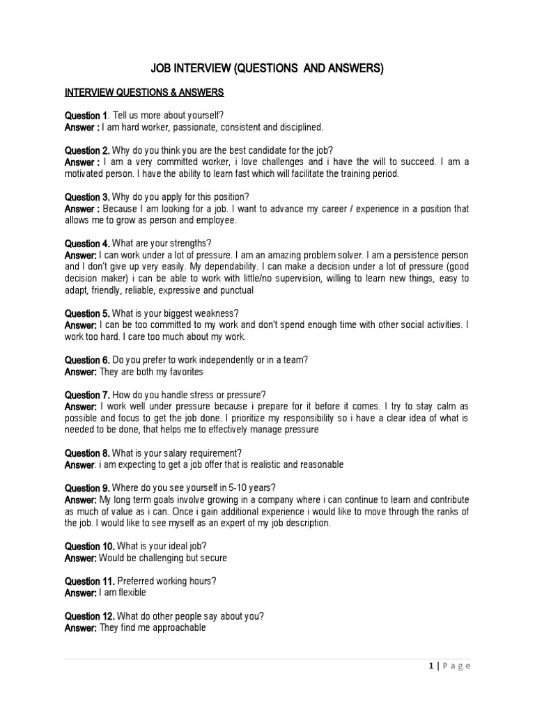 Job Interview Question And Answer Pdf Job Interview Psychology
