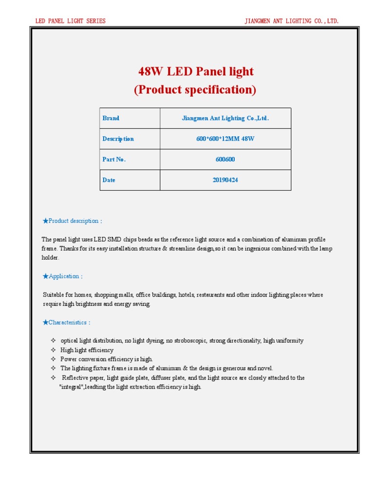 600x600x12MM 48W PDF | PDF | Lighting | Electrical Engineering