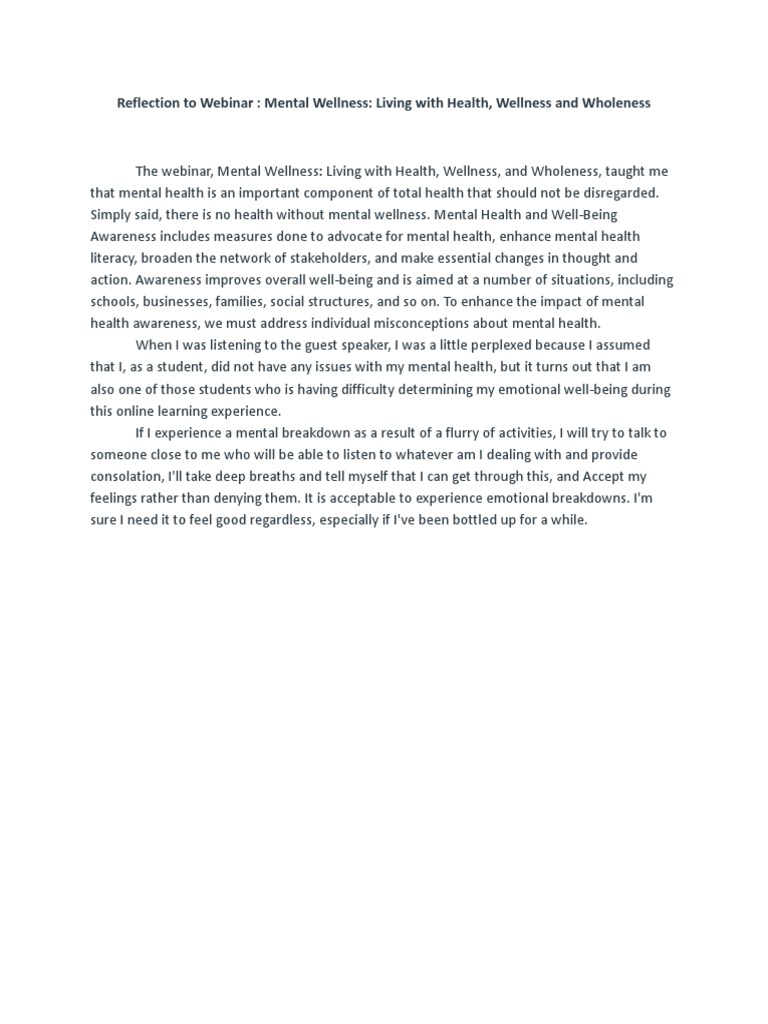 Reflection To Webinar - Mental Wellness - Living With Health, Wellness and Wholeness - WW2.2 PDF ...