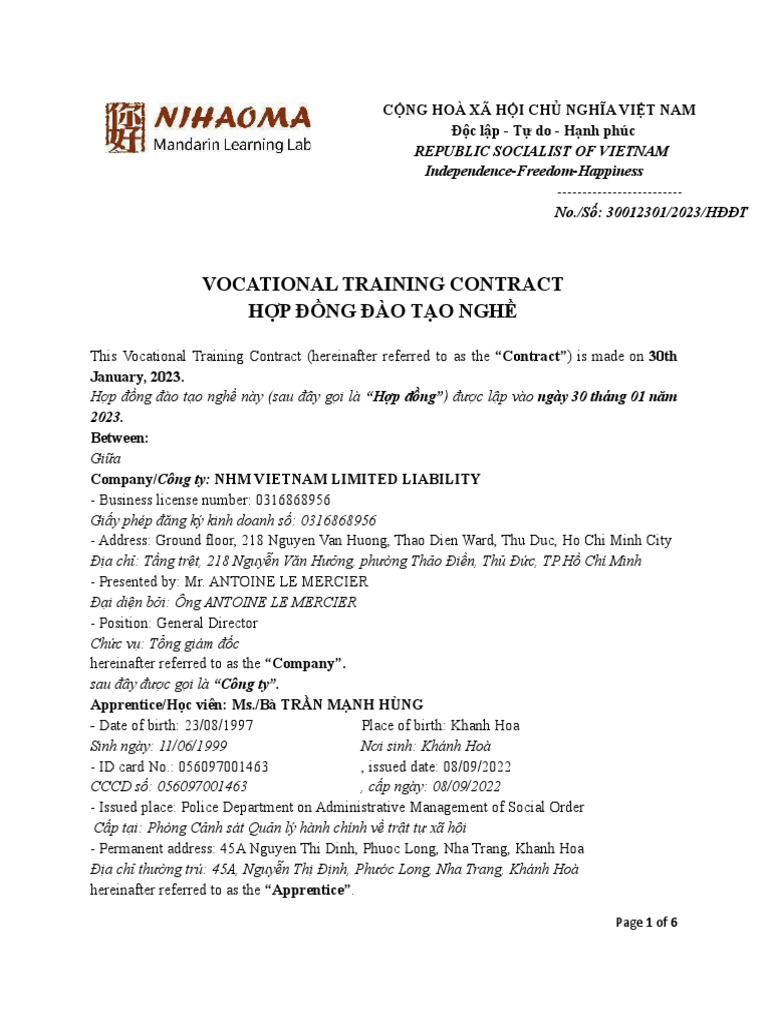 Vocational - Training - Contract Drafted - Manh Hung PDF | PDF