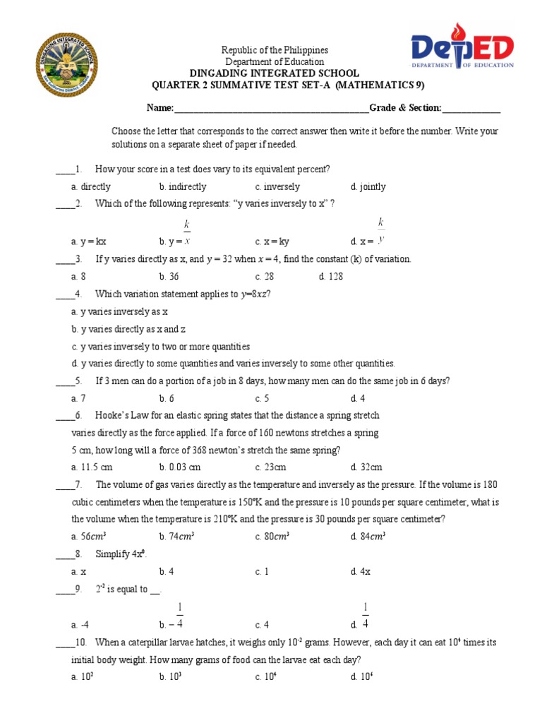 MATH 9 SUMMATIVE Test Q2 SET-A 2021 | PDF