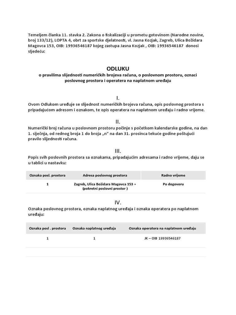 Interni Akt o Fiskalizaciji - Sitna Riba | PDF