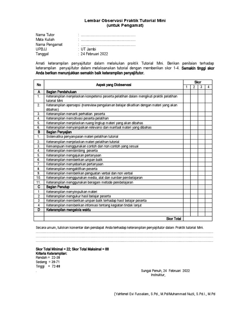 Lembar Observasi Praktik Tutorial Mini | PDF