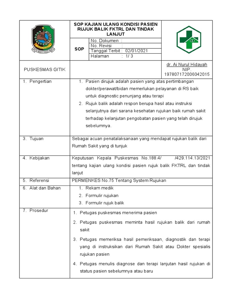 Sop Kajian Ulang Kondisi Pasien Rujuk Balik FKTRL Dan Tindak Lanjut | PDF