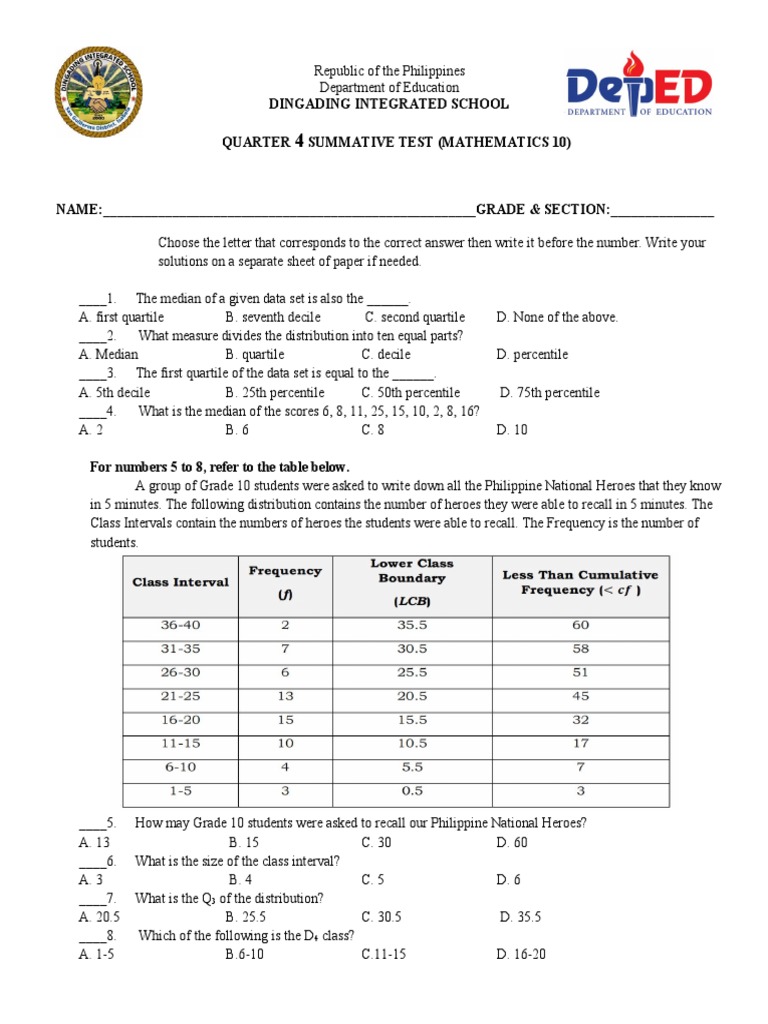 MATH 10 SUMMATIVE Test Q4 2021 | PDF | Percentile | Median
