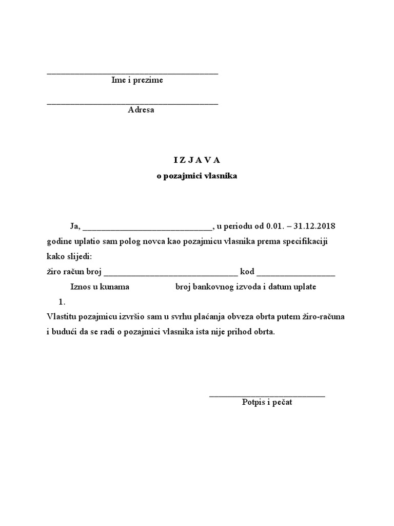 Zapisnik o Vlastitoj Pozajmici - PRAZAN | PDF