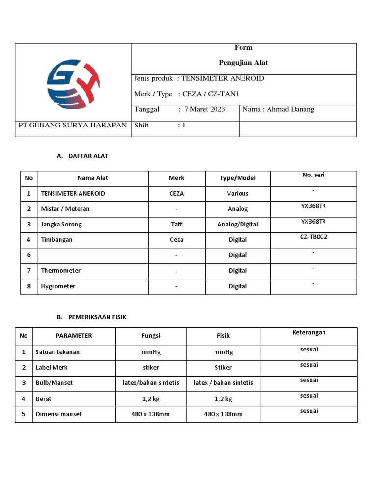 Form Uji TENSIMETER Aneroid | PDF